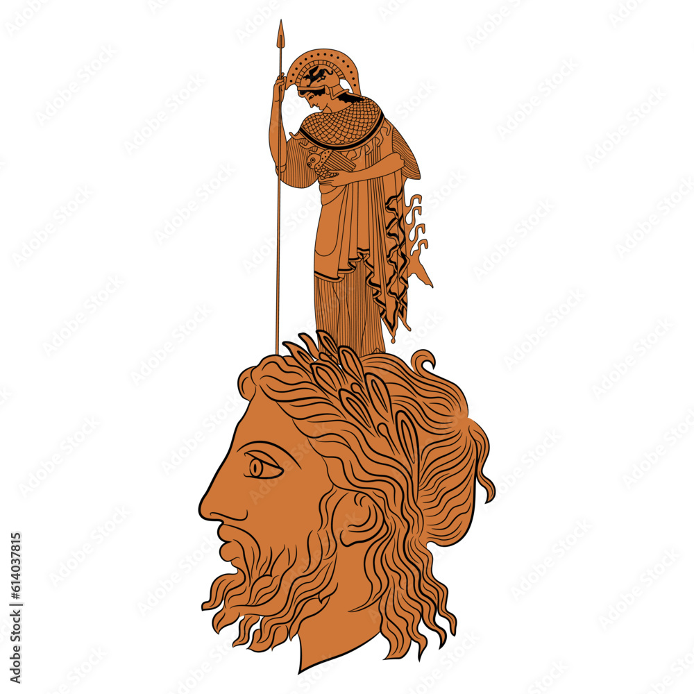 Birth of goddess Athena in full armor from head of Zeus. Ancient Greek ...