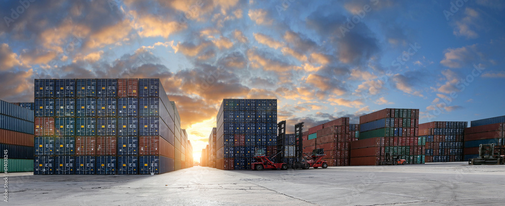 Stack of containers in a harbor. Shipping containers stacked on cargo ...