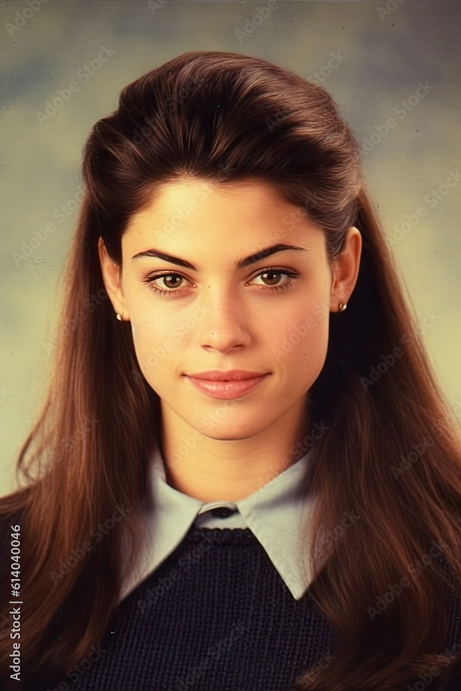 1980s and 1990s style Yearbook headshot of a pretty high school teenage ...
