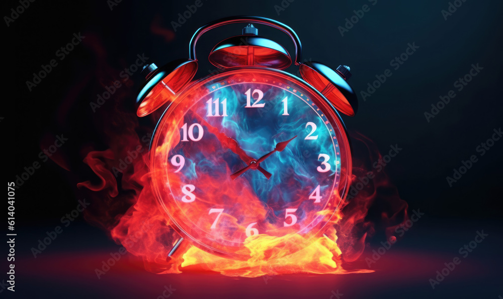 timer clock on fire. Time crunch, Burning clock working overtime to ...