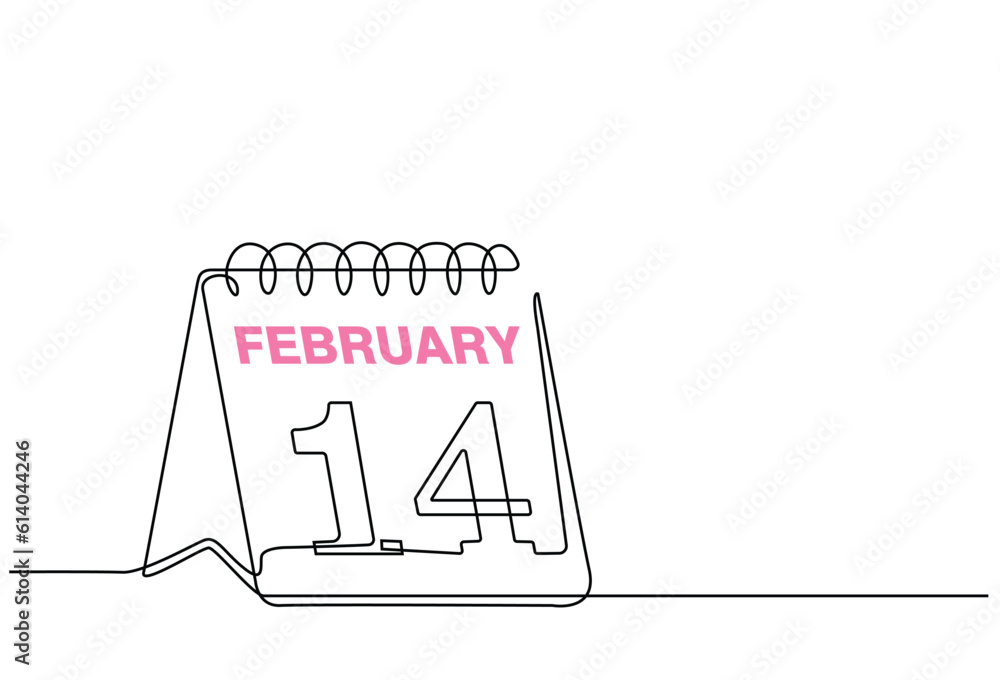 Continuous line drawing of calendar icon day with February 14th ...