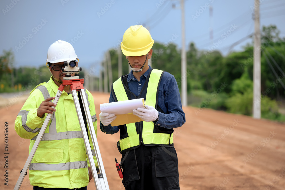 Asian surveyor engineer two people checking level of soil with Surveyor ...