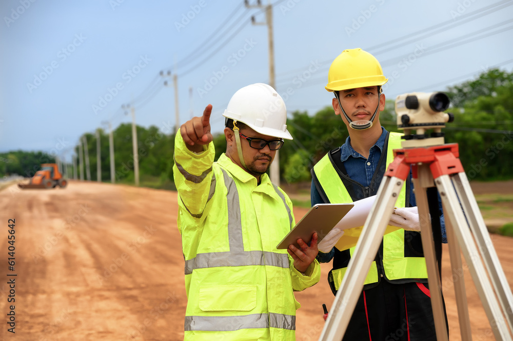 Asian surveyor engineer two people checking level of soil with Surveyor ...