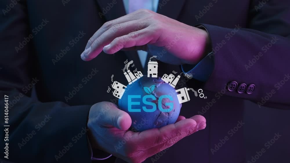 Businessman shows earth global with ESG icon and virtual tree. Net zero ...