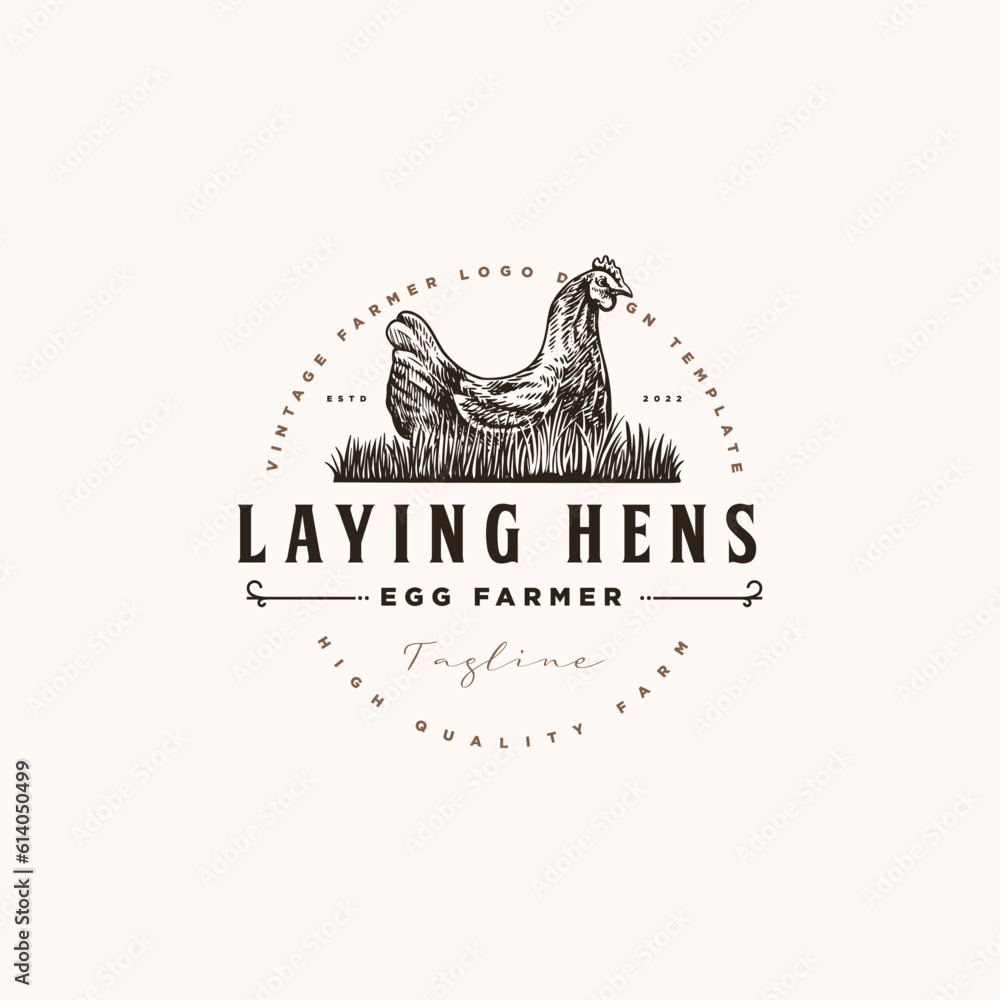 chicken hens rooster farm vintage hand drawn logo design illustration ...