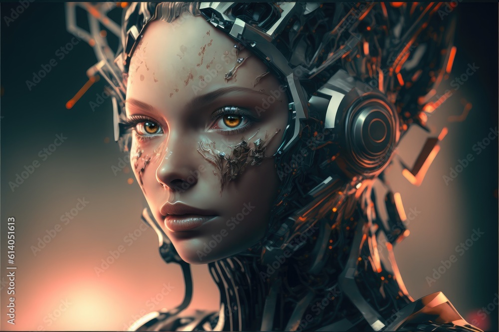 Closeup hybrid cyborg beauty transformation with a girl humanoid face ...
