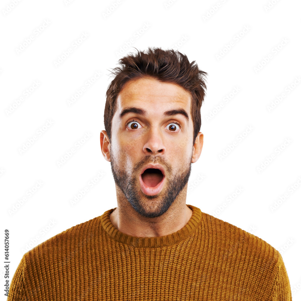 Wow, portrait and surprise man on isolated, transparent and png ...