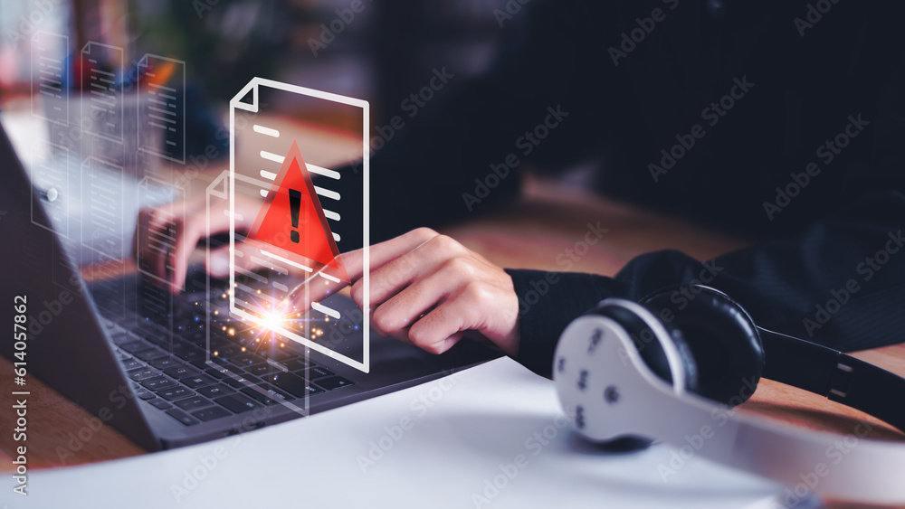 Programmer and virtual icons , exclamation mark ,alarm,computer virus ...