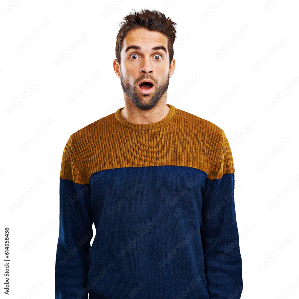 Portrait, wow and surprised man on isolated, transparent and png ...
