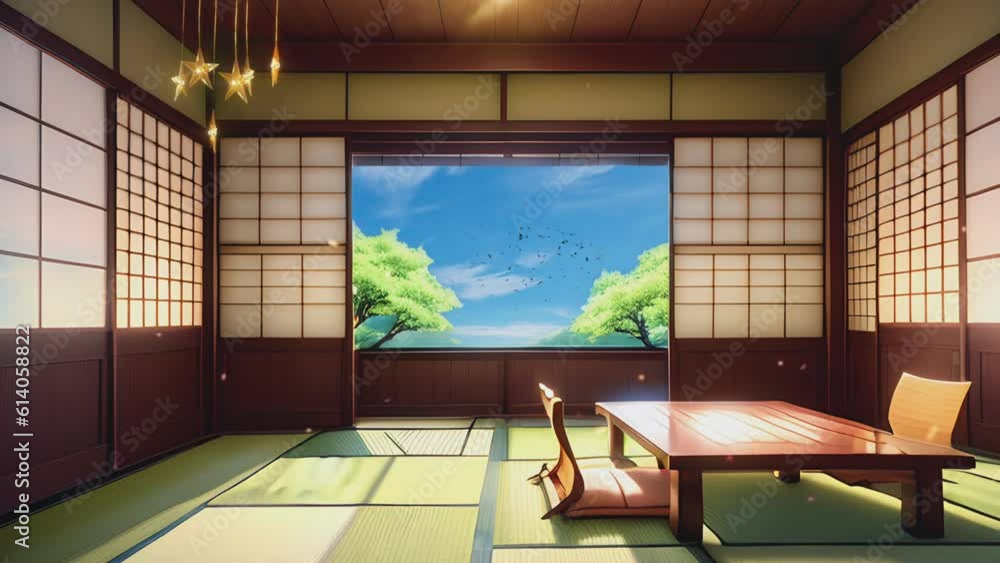 Seamless looping video animation of a Japanese house living room with a ...
