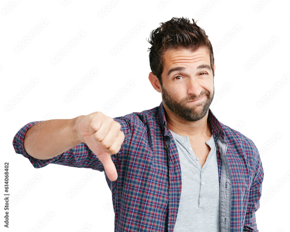 Bad, review and portrait of a man with a thumbs down for disappointment ...