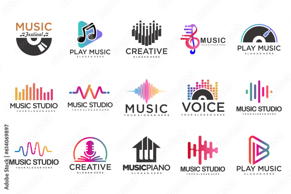 Music icons set.vector logos with musical notes and audio wave .music ...