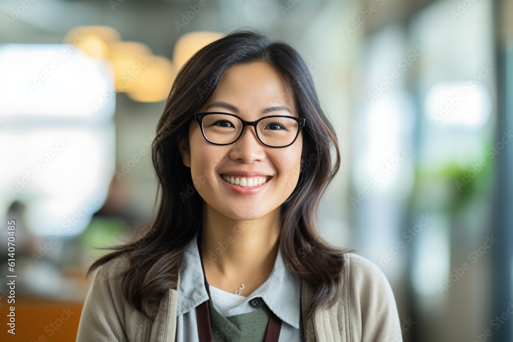 Close-up portrait of an Asian teacher with a friendly expression, asian teacher, school, natural ...