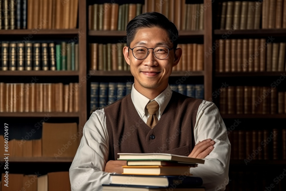 Portrait of an Asian teacher with a stack of books, asian teacher ...