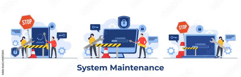 Set of system maintenance vector illustration, Error, Fixing trouble ...