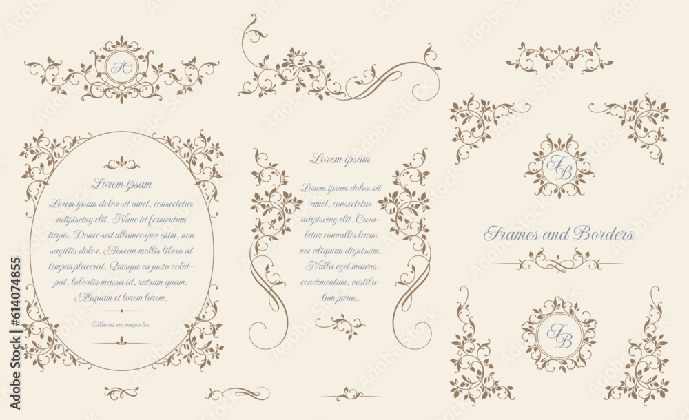 Floral monograms and borders, frames for cards, invitations, menus ...