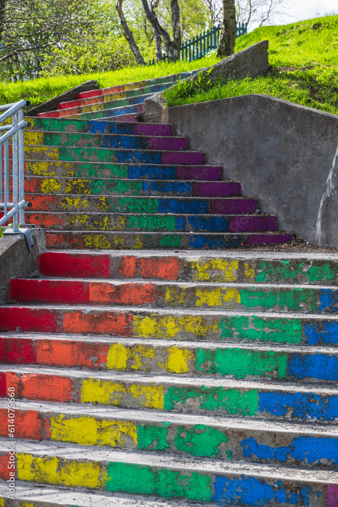 Rainbow colored stairs in a town in summer - celebrating diversity ...