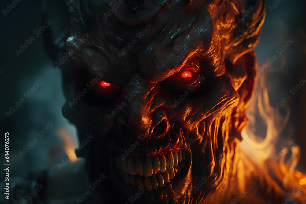 Nightmare terrifying hate face devil head with wrinkles and fangs teeth ...