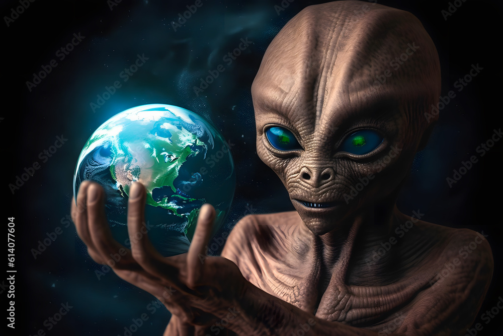 Extraterrestrial alien holds the planet Earth, symbolizes the ...