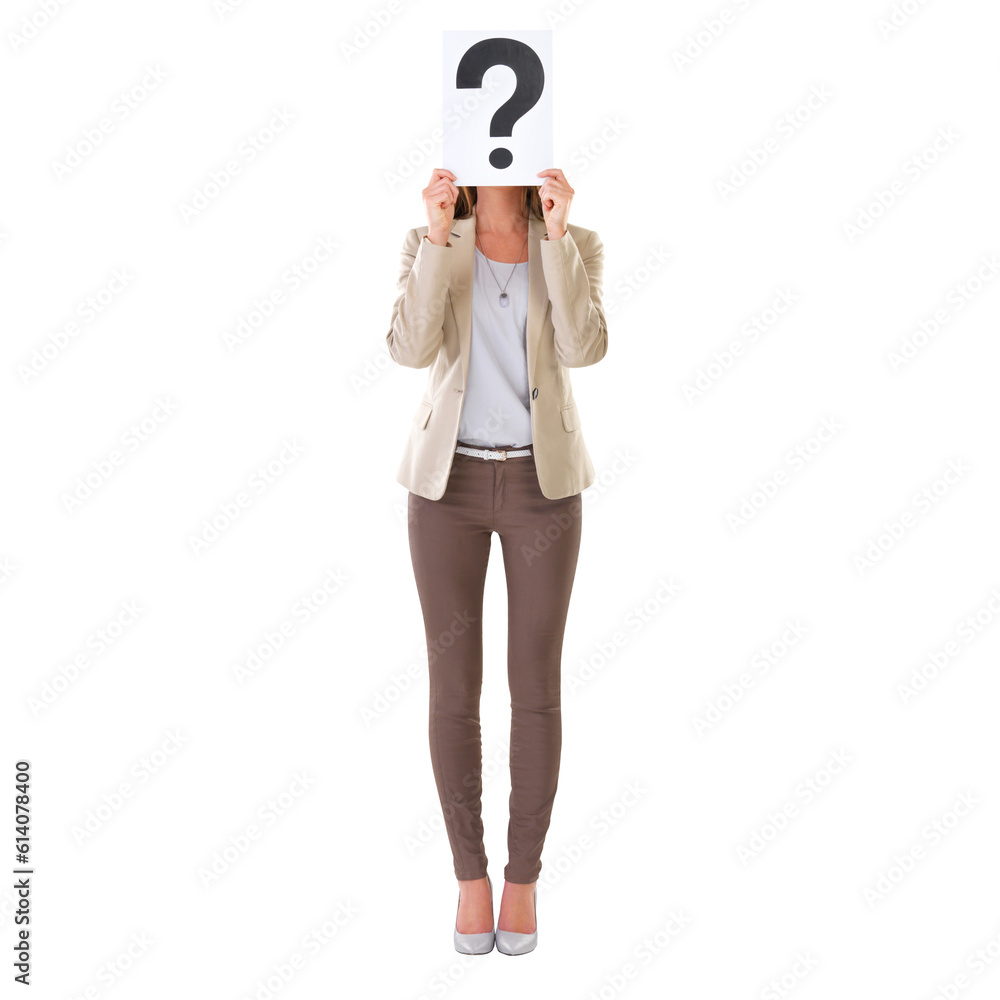 Question mark, mystery woman with doubt and ask poster isolated on a ...
