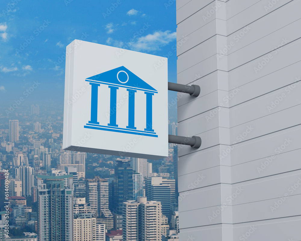 Bank icon on hanging white square signboard over modern city tower ...