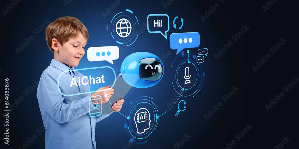 Smiling child using device in hands, robot communication icons and ...