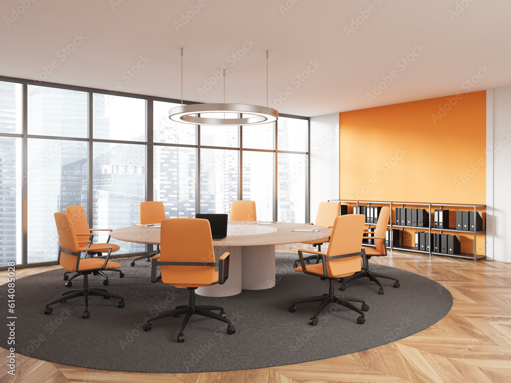 White and orange meeting room interior with round table Stock ...