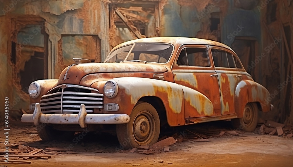 A photorealistic image of a rusted vintage house, with a focus on the ...