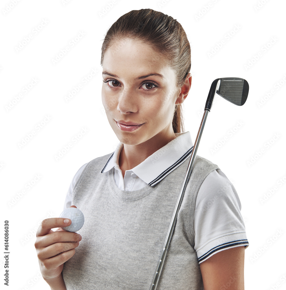 Portrait, ball and woman with fitness, serious and athlete isolated ...