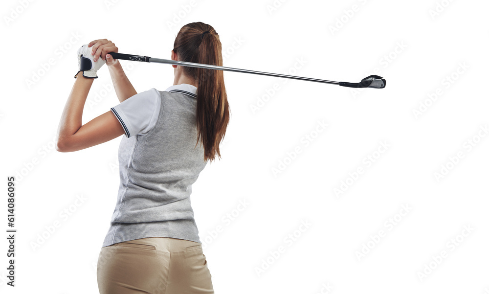 Back, golf and woman training, swing and model isolated on a ...