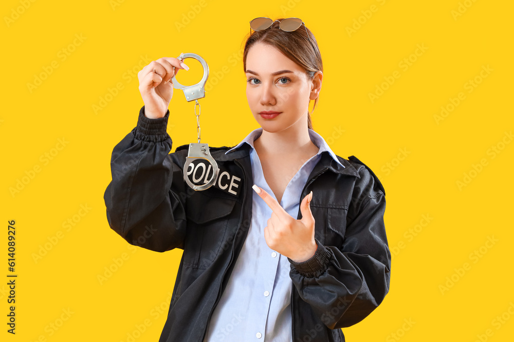 Female police officer pointing at handcuffs on yellow background Stock ...