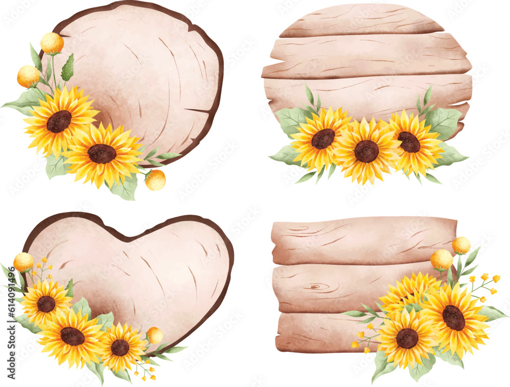 Watercolor Illustration set of wooden board sign with sunflower wreath ...