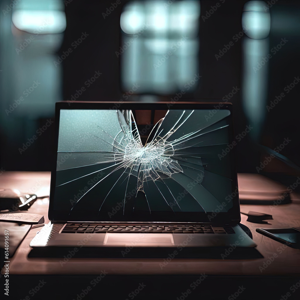 Laptop with a broken screen on a desk with Generative AI. Stock ...