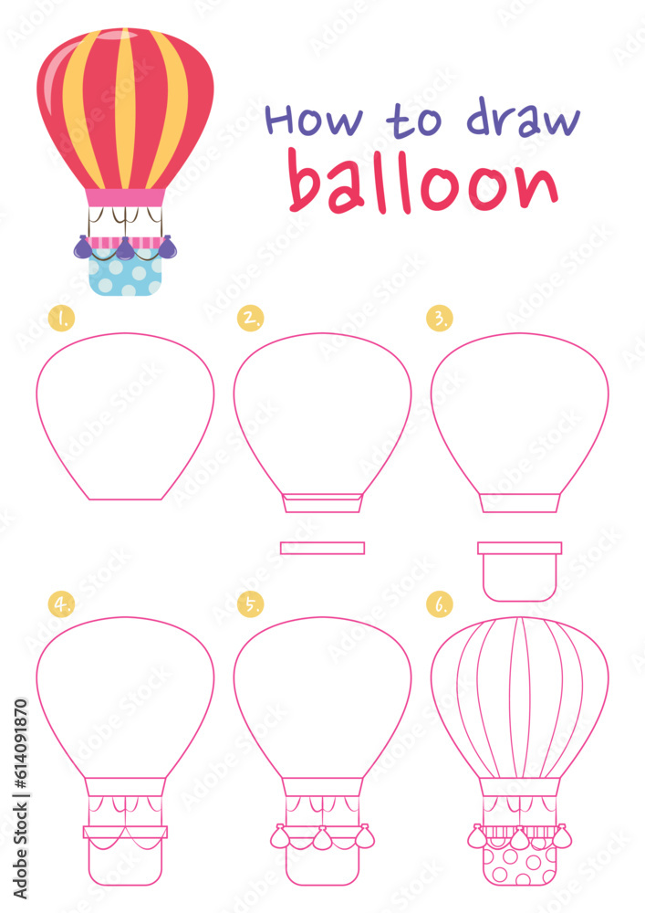 Vetor de How to draw hot air balloon vector illustration. Draw hot air ...