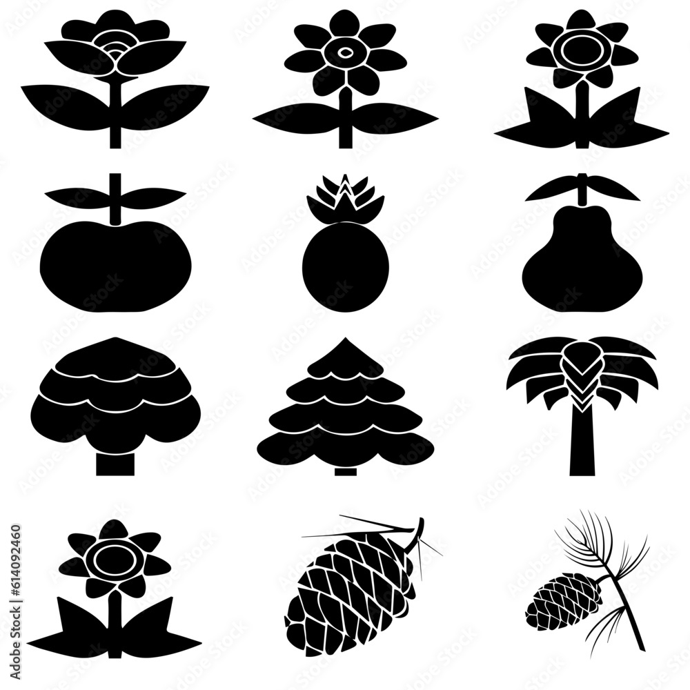 Set of simple black icons of flowers, trees, and fruits black and white ...