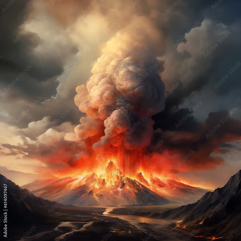 Volcano eruption creating an explosive mix of volcanic ash and molten ...