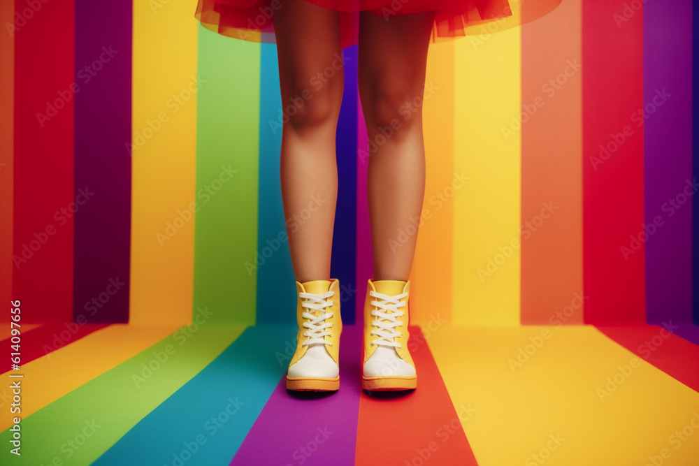LGBTQ generative ai woman's legs with rainbow flag patterns in a studio ...