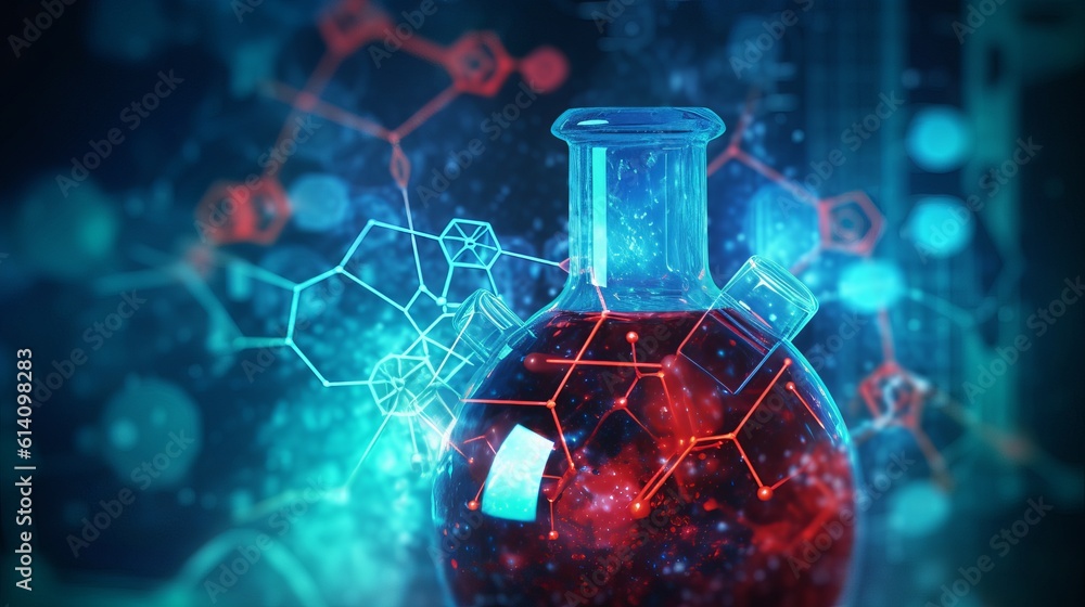 blue red glass flask vial and chemical structure in research medical ...