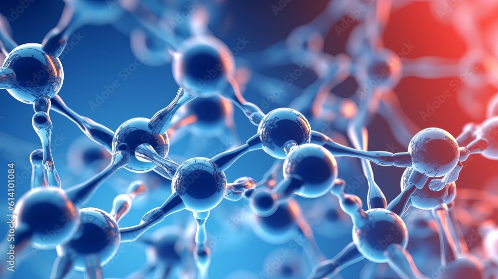 Molecular structure illustration close up blue background, 3d render of ...