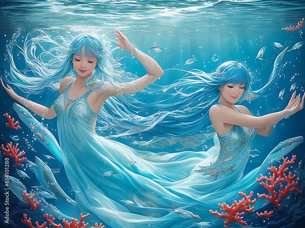 Very beautiful water nymph swimming with dolphins Undine zoom-in ...