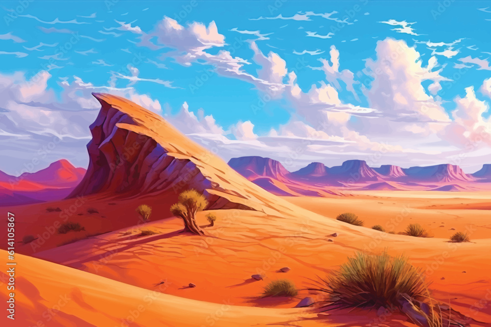 hand drawn painting of tropical desert with clouds and mountains Stock ...