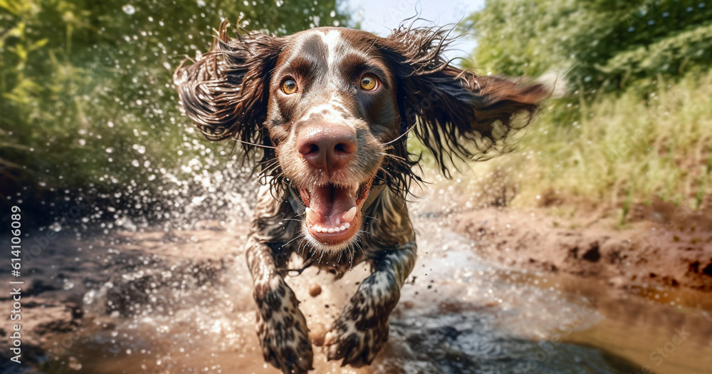 Funny dog playing in mud puddle, a beautiful dog with joy jumping in a ...