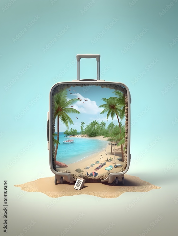 vacation travel time banner, open travel suitcase with exotic ...