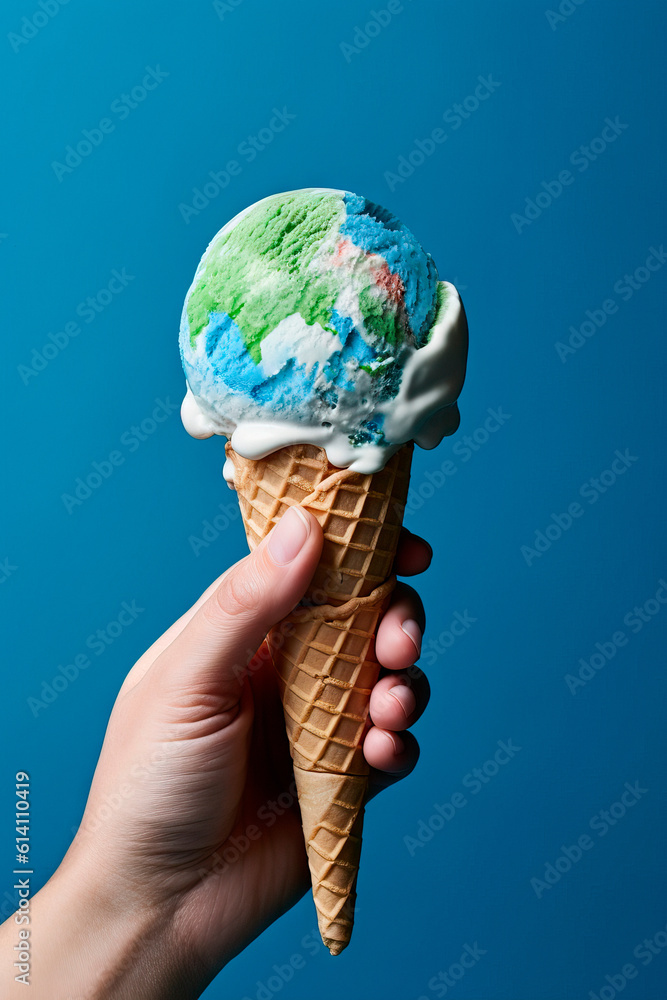 Une main tenant une glace qui ressemble à la planète Terre en train de ...