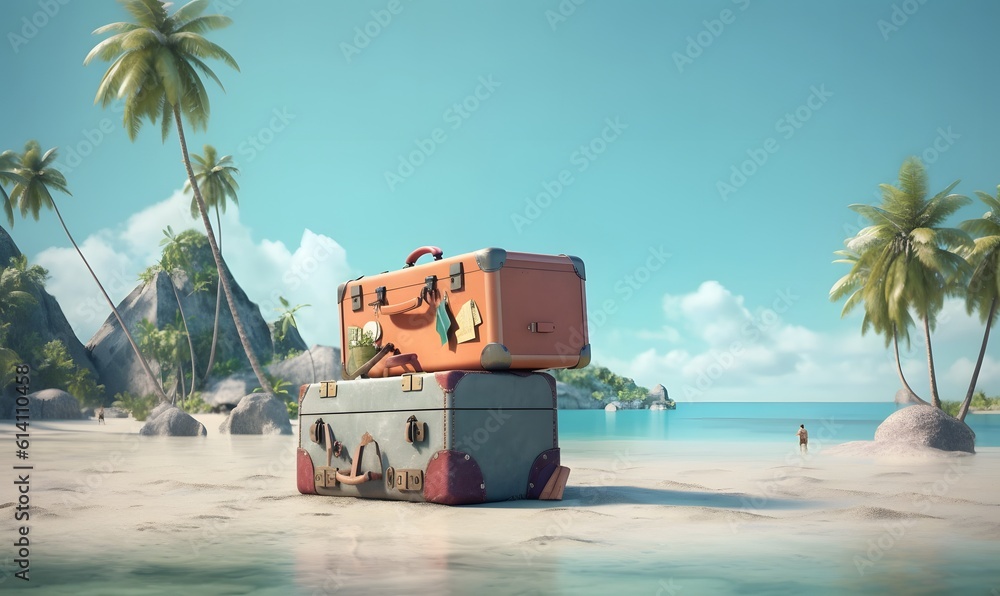 vacation travel time banner, open travel suitcase with exotic ...