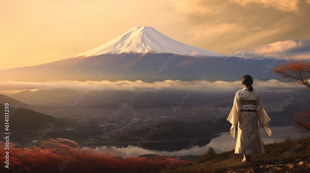 Woman in kimono and Mt. Fuji at sunset, Japan. Japanese Woman in ...