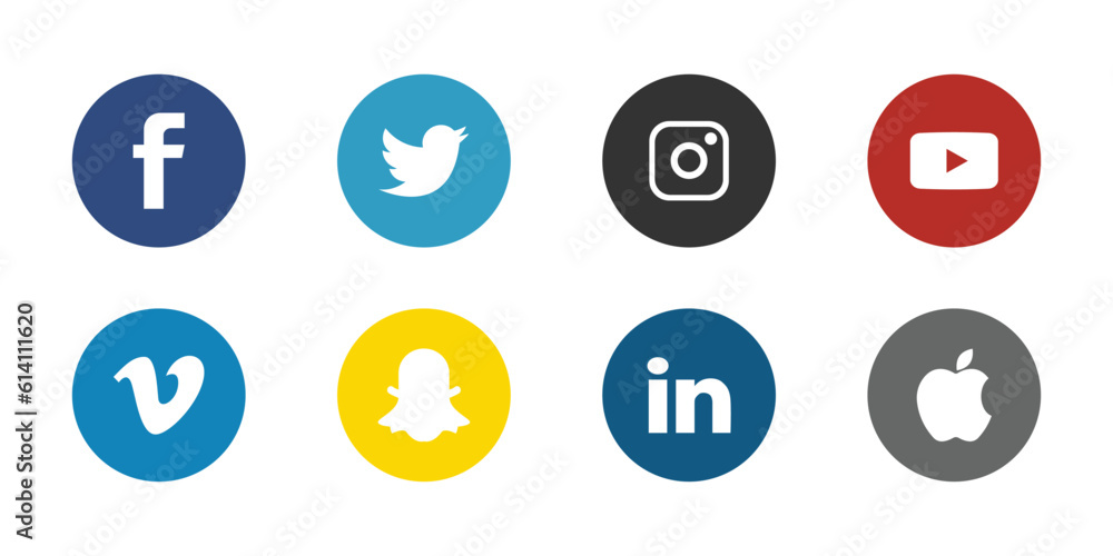 Social media icons. Instagram, Facebook, Twitter, Vemeo, Snapchat ...