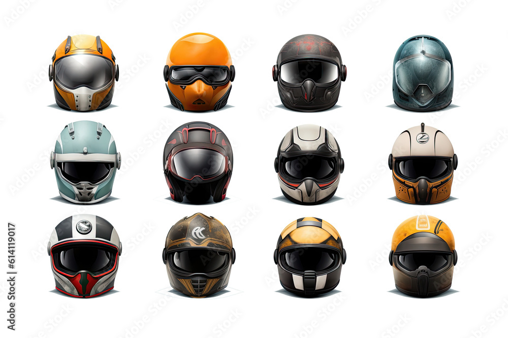 Motorcycle crash helmets, collection, set. Modern style, transparent ...
