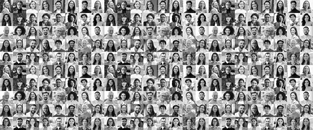 Large black and white collage, portrait of multiracial smiling ...