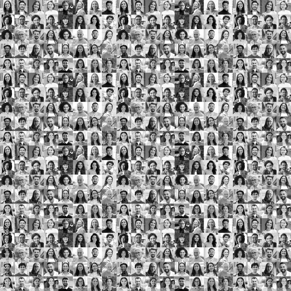 Large black and white collage, portrait of multiracial smiling ...